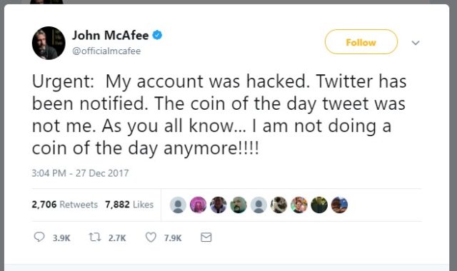 John McAfee’s Twitter Account Breached